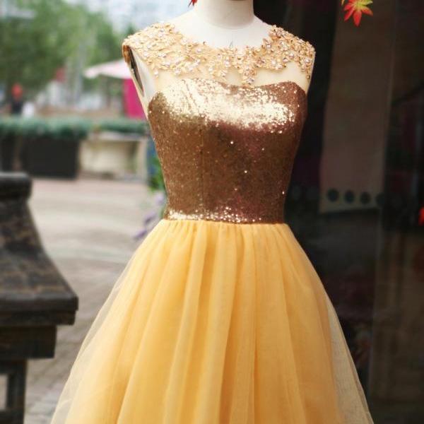Elegant Sleeveless Gold Sequin Tulle Short Prom Dress 2015, Party Dress ...