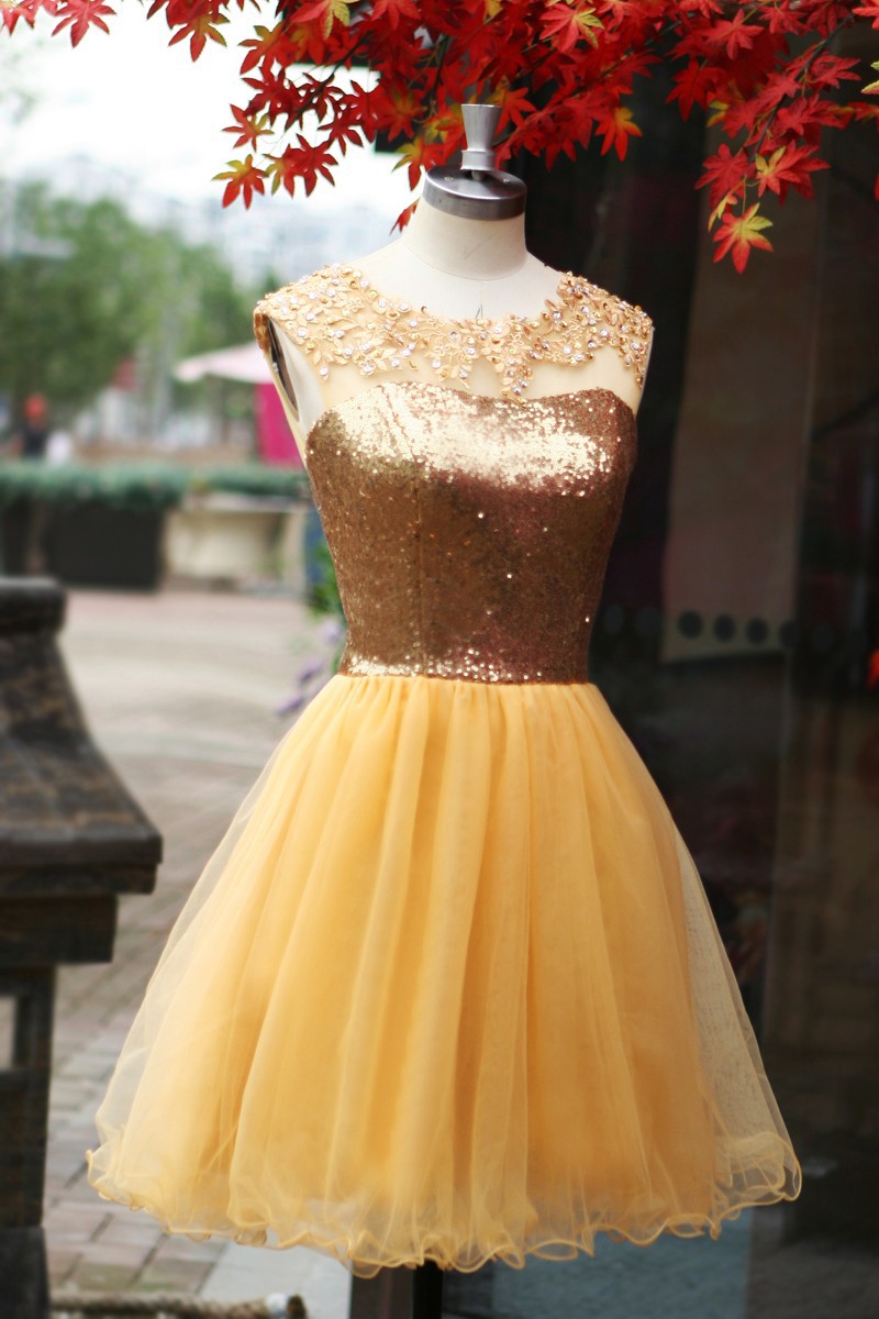 Elegant Sleeveless Gold Sequin Tulle Short Prom Dress 2015, Party Dress ...